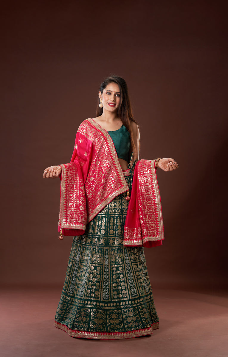 Bottle Green Gota Patti Woven Lehenga In Vegan Muga Silk – gcsveganfashion